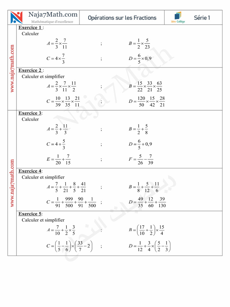 [naja7mat] Opérations sur les Fractions-Serie d'exercices n° 1 (1) | PDF