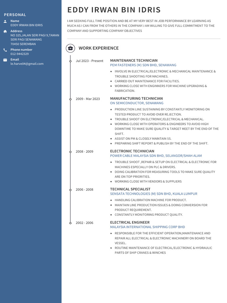 CV Eddy Irwan Bin Idris Baru | PDF