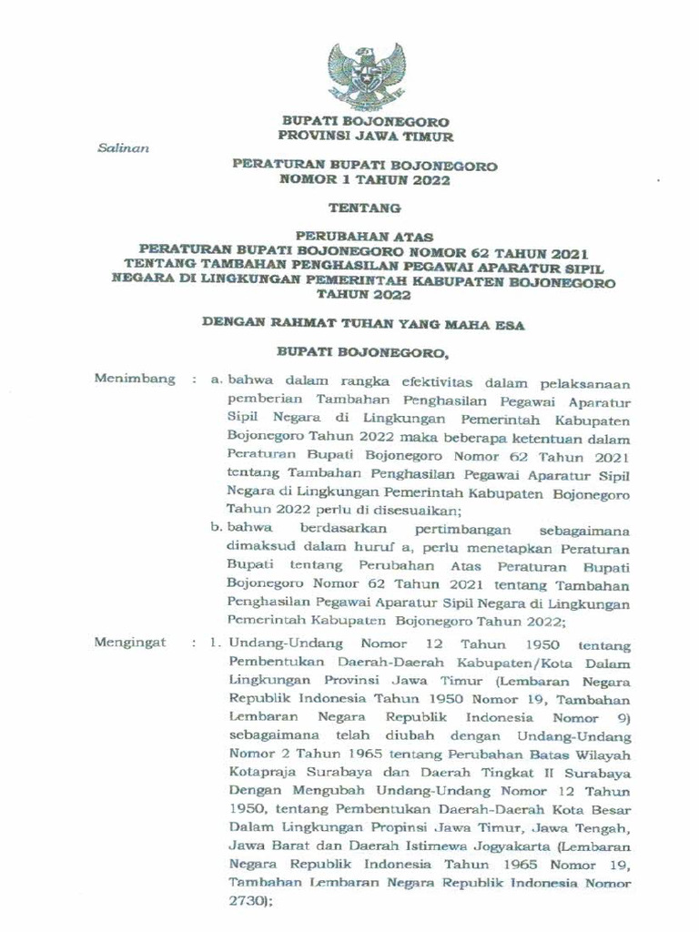 Perbup 1 Tahun 2022 Tentang Perubahan TPP Terbaru | PDF