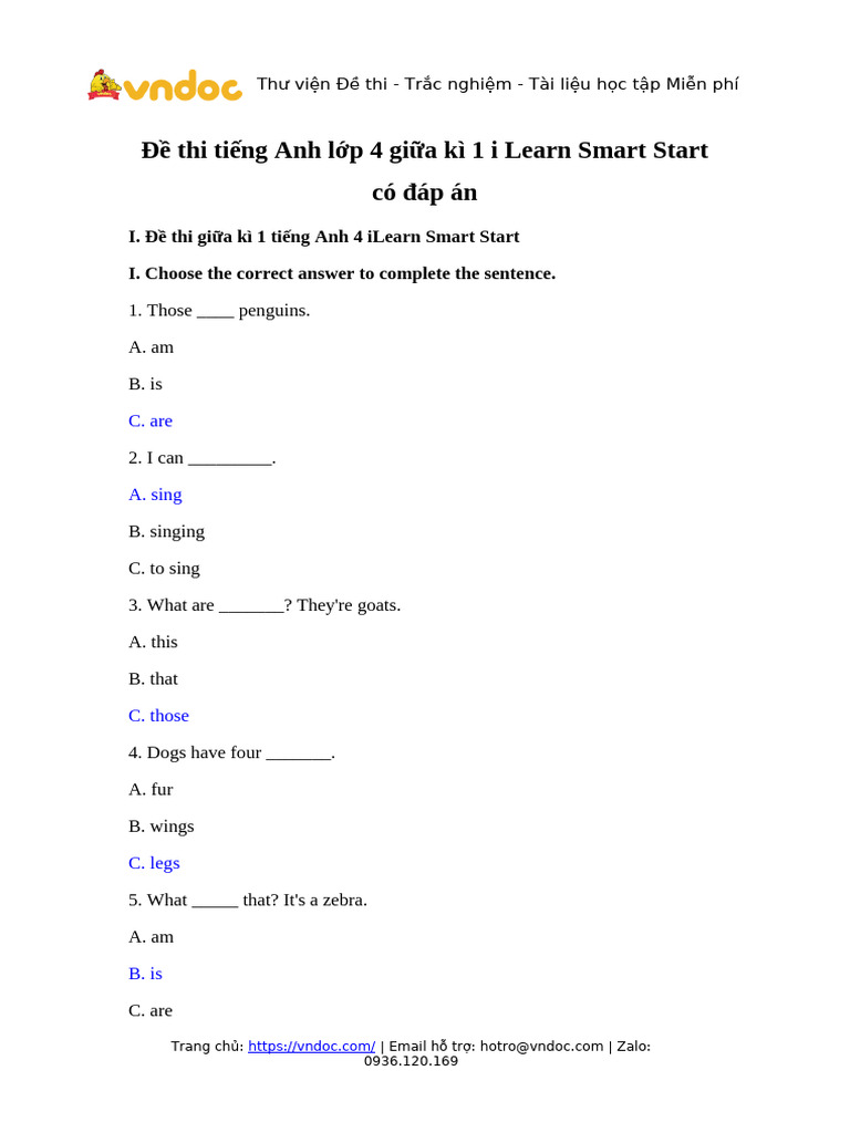 De Thi Tieng Anh Lop 4 Giua Hoc Ki 1 I Learn Smart Start So 1 | PDF