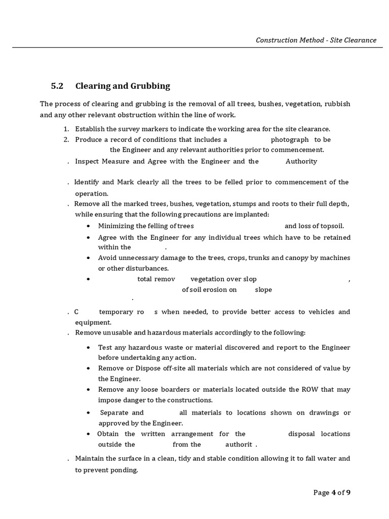 Methods Statement Clearing and Grubbing | PDF