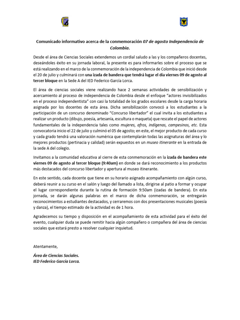 Comunicado Conmemoración Independencia de Colombia 2024 FGL | PDF | Ciencias sociales