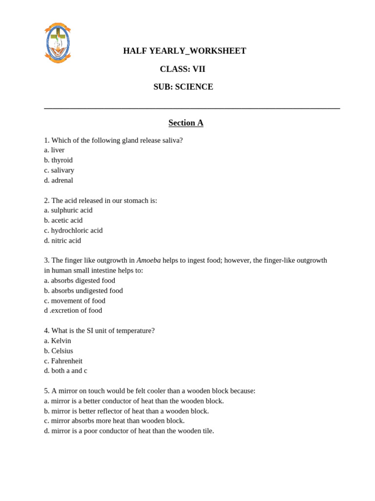 Half Yearly Worksheet Class 7 Pdf