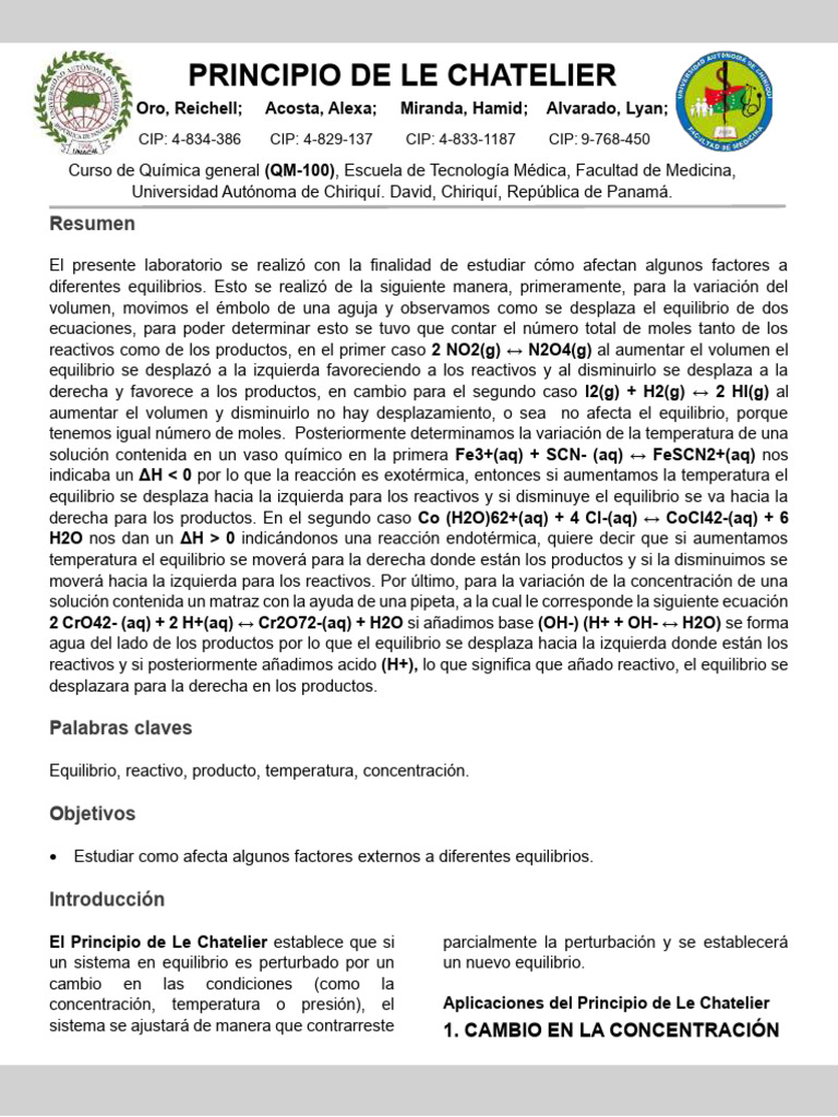 Principio de Le Chatelier (QM-100) | PDF