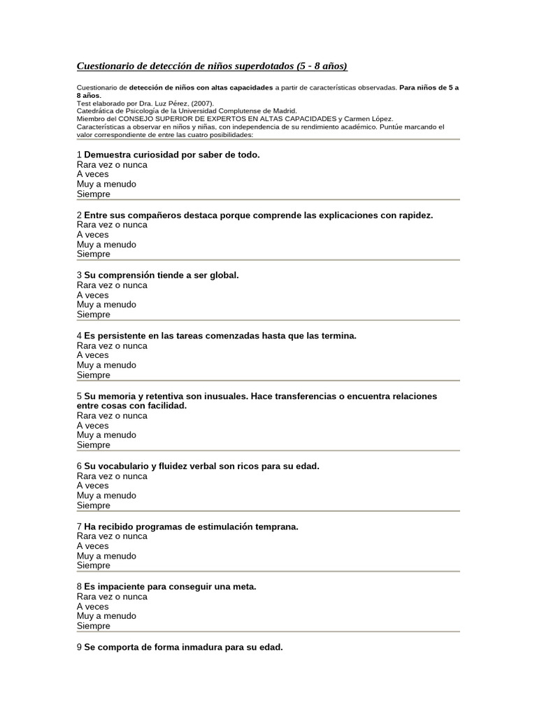 Cuestionario de Detección de Niños Superdotados | PDF