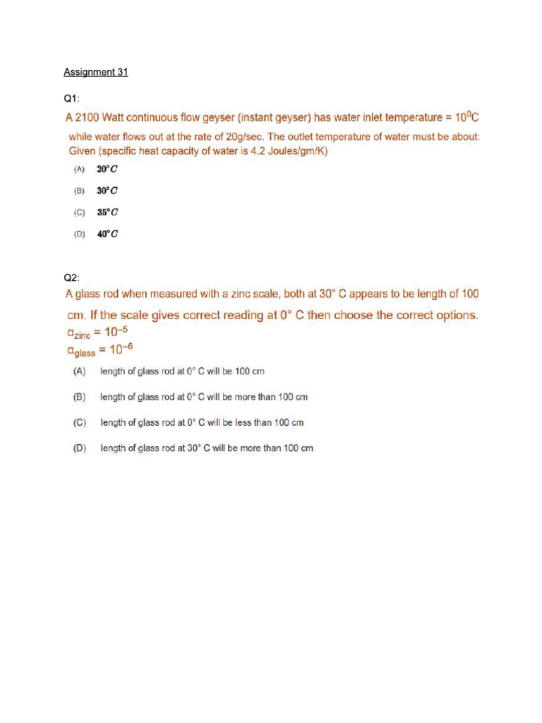 Assignment 31 - Thermal Physics (Calorimetry + Expansion) | PDF
