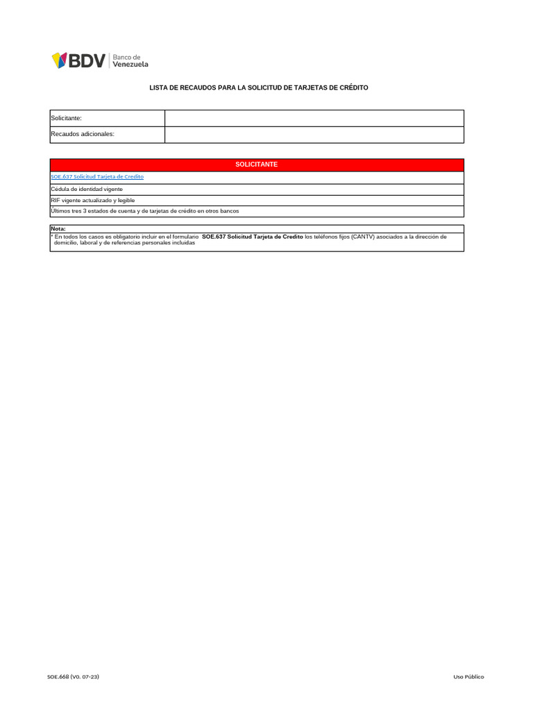 Soe.668 (07-23) Lista de Recaudos para La Solicitud de Tarjetas de Crédito | PDF