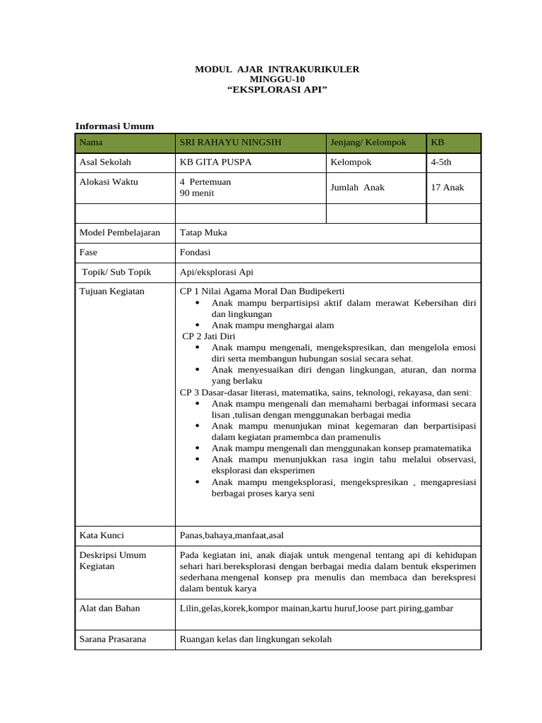 Modul Ajar PAUD Topik Eksplorasi Api | PDF
