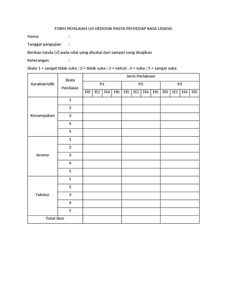 Form Penilaian Uji Hedonik Flavor Pasta | PDF