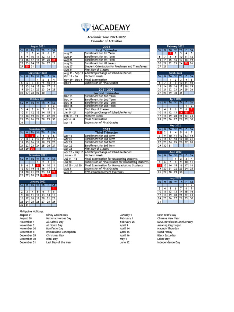 COLLEGE_Academic_Calendar_2021-22_(v2).xlsx_-_2021-2022 | PDF