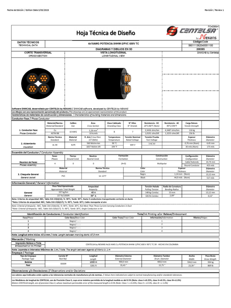 Ficha Tecnica 4x10 XHHW Centelsa | PDF