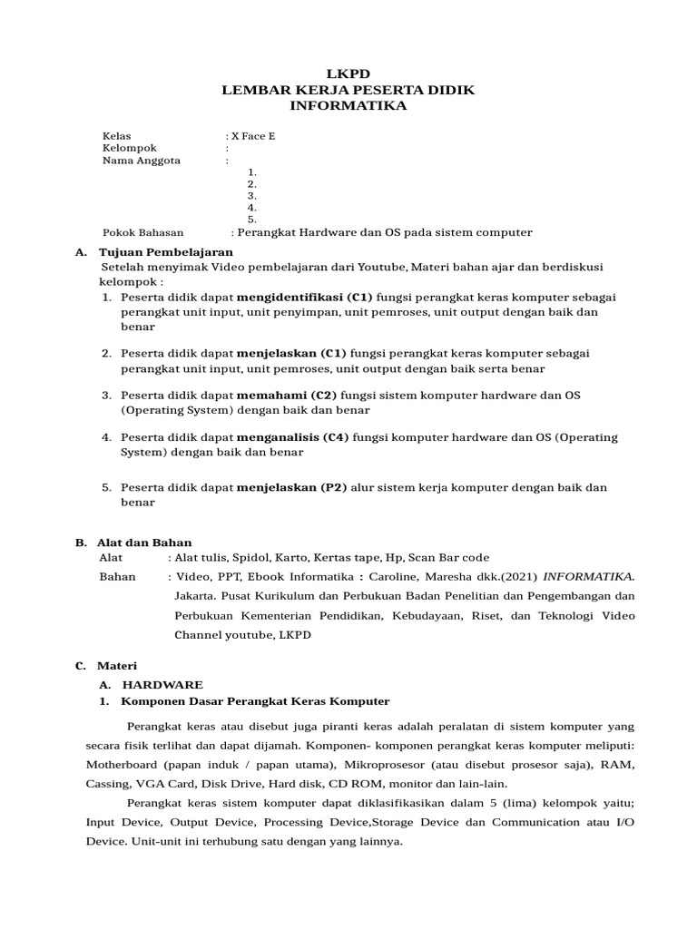 LKPD Komponen Komputer X | PDF