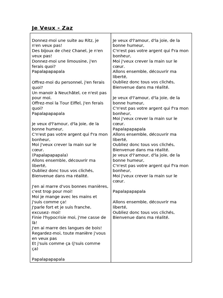 Chanson - Je Veux - Paroles | PDF
