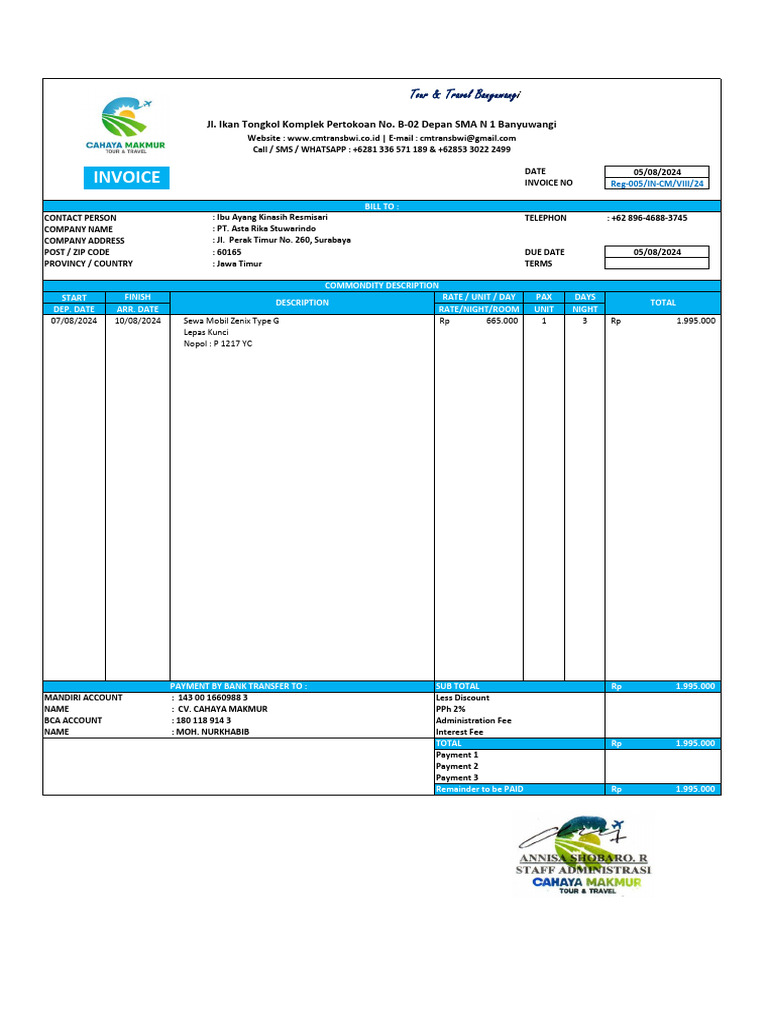 Invoice Sewa Mobil Cahaya Makmur Banyuwangi-1 | PDF