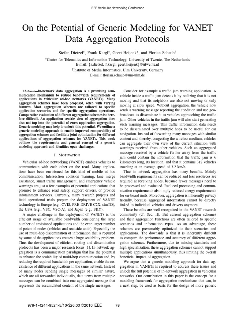 On The Potential of Generic Modeling For VANET Data Agregation in Vanet | PDF