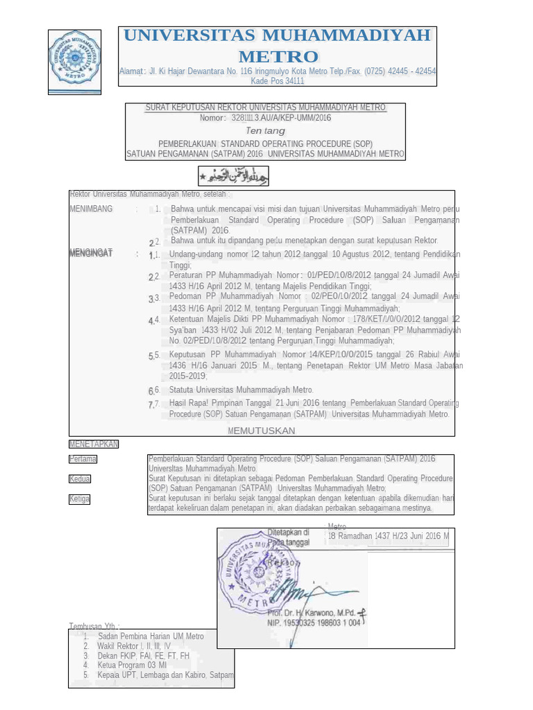 Standard Operating Procedure Sop Satuan Pengamanan Satpam Universitas Muhammadiyah Metro | PDF
