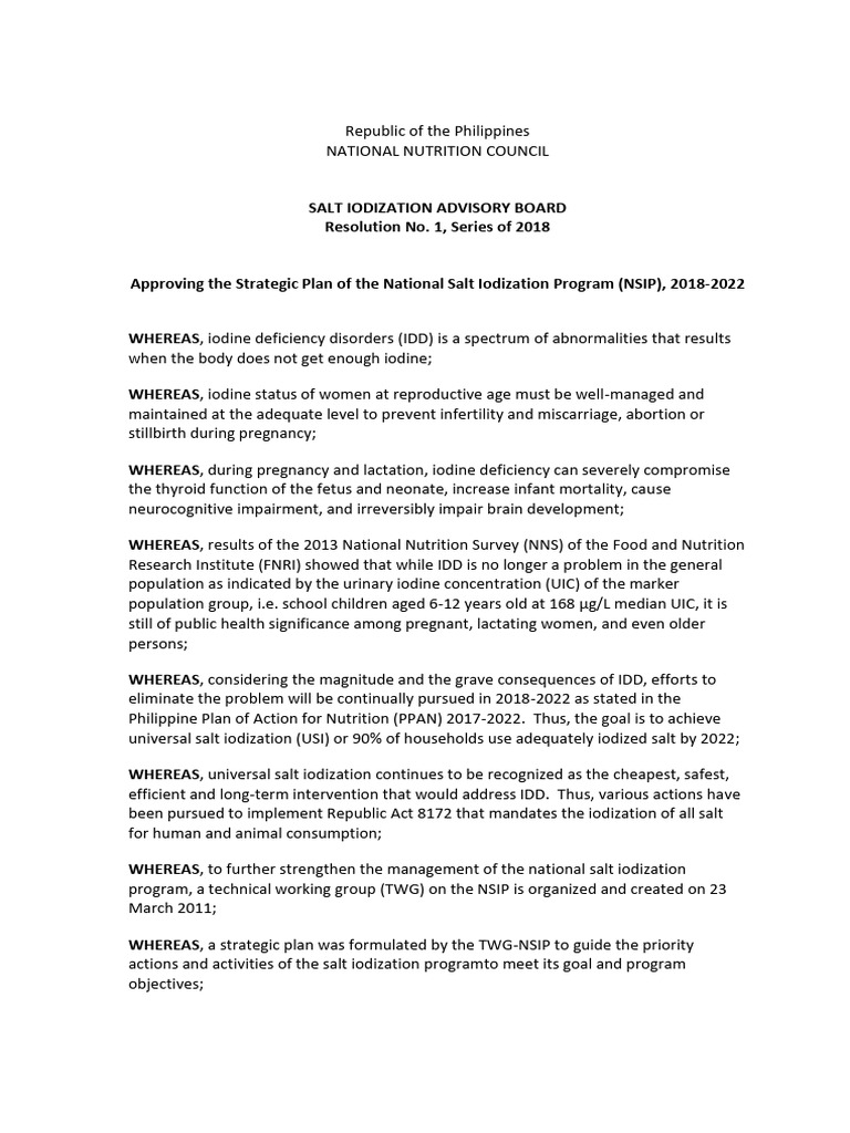 Salt Iodization Advisory Board Resolution No. 1 Series of 2018 | PDF
