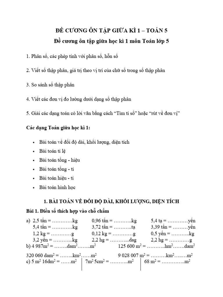 De Cuong On Tap Giua Ki 1 Lop 5 Mon Toan | PDF