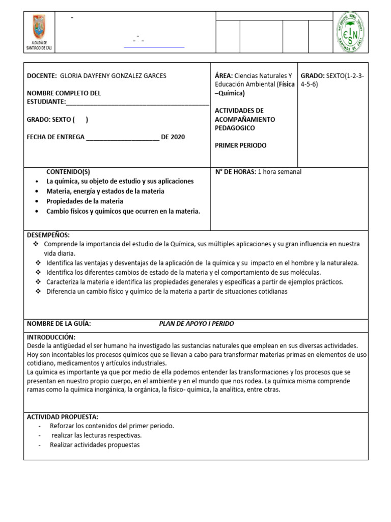 Grado 06 Acompañamiento 1P 01B FisicoQuimica GDGG | PDF | Sustancias ...