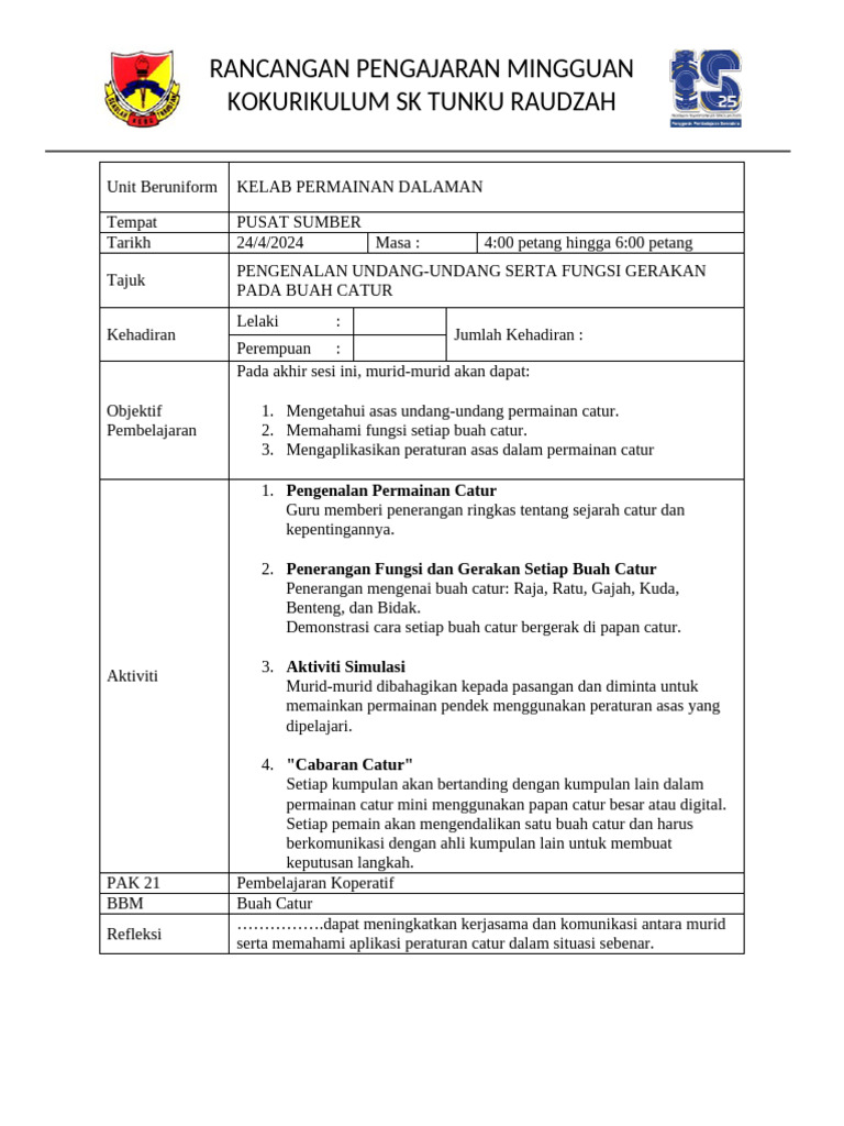 Rancangan Pengajaran Mingguan Kokurikulum | PDF