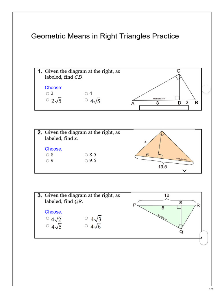 Geometric Means in Right Triangles Practice - MathBitsNotebook (Geo) | PDF
