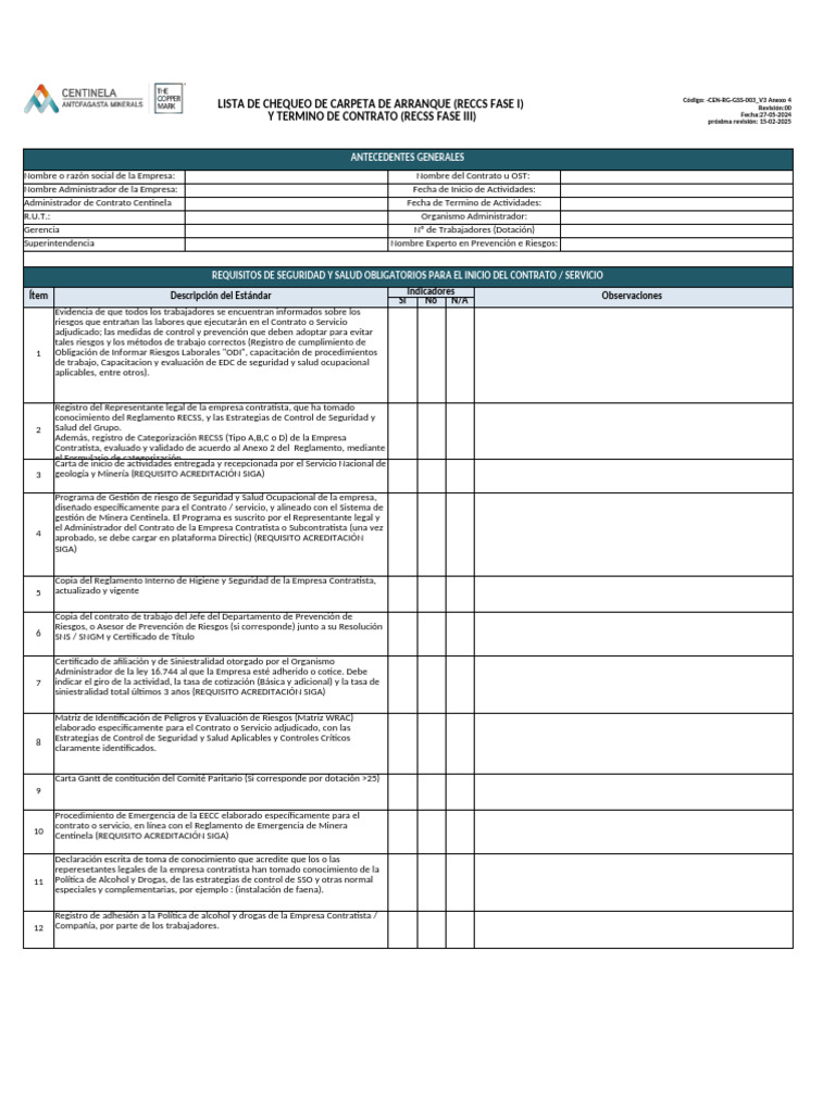 CEN-RG-GSS-SRS-003 - v3 ANEXO 4 LISTA DE CHEQUEO CARPETA DE ARRANQUE | PDF