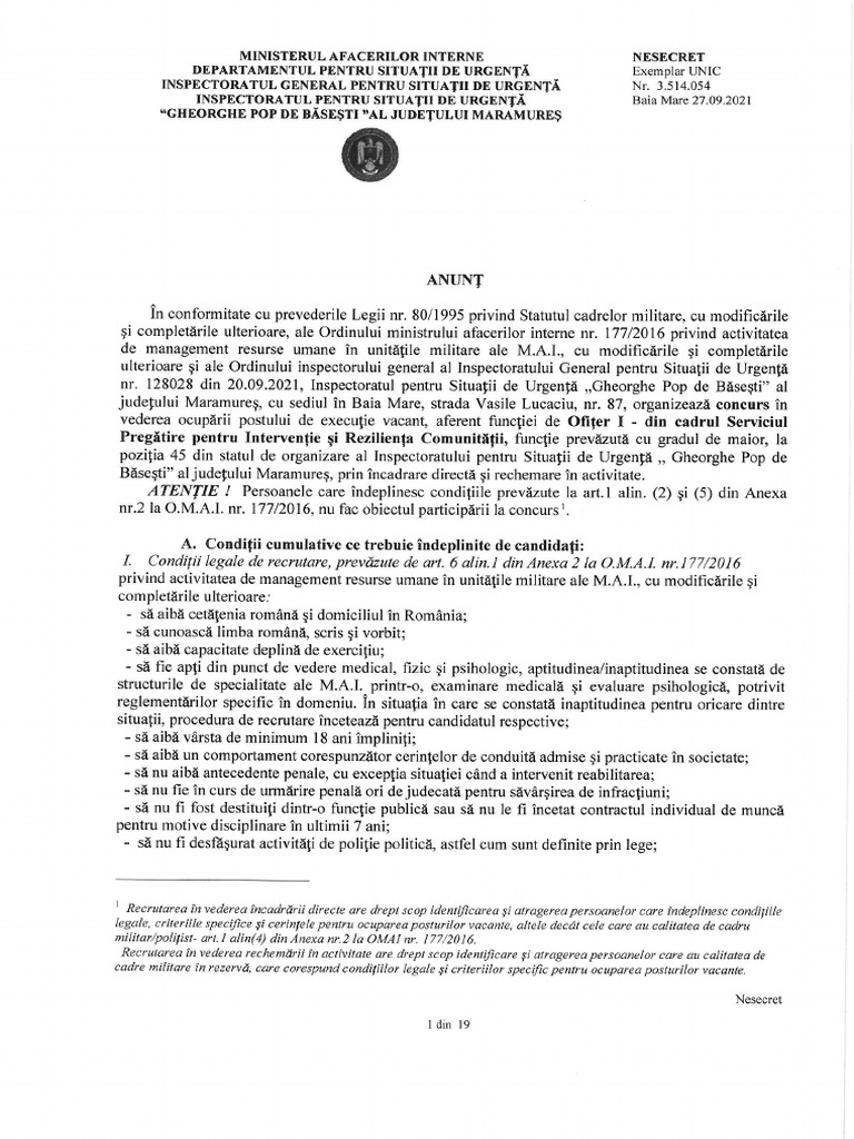 Anunt Concurs Ocupare Post Ofiter I SPIRC | PDF