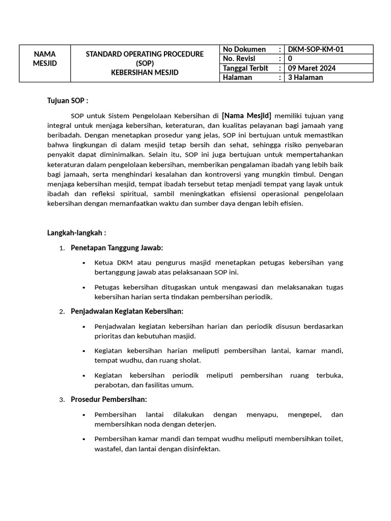 Sop 1 - Kebersihan Masjid1 | PDF