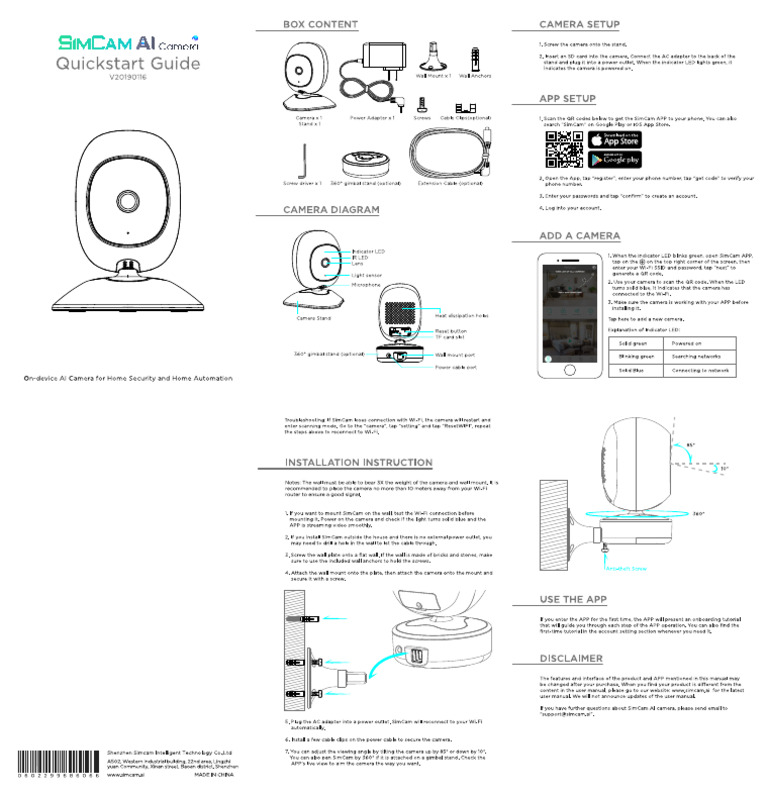 SimCam AI Camera Quickstart Guide190321 | PDF