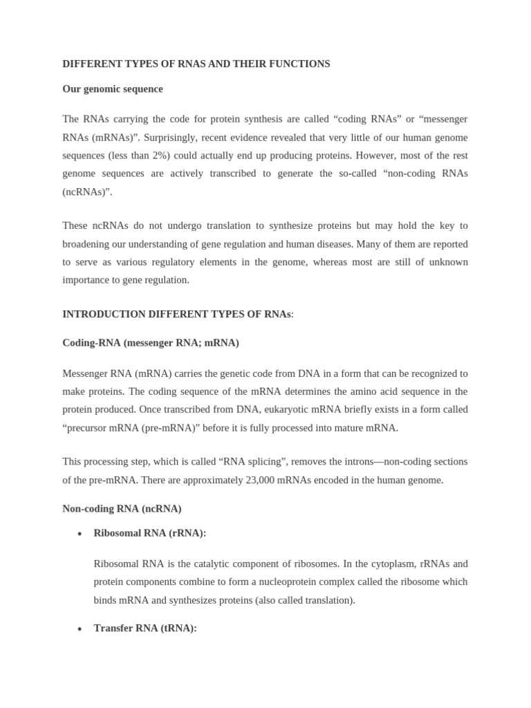 Types of Rnas and Their Function1 | PDF