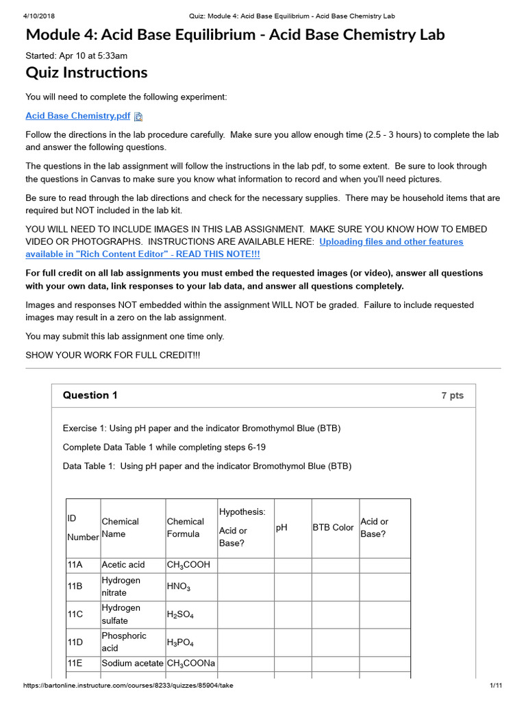 Quiz - Module 4 - Acid Base Equilibrium - Acid Base Chemistry Lab | PDF