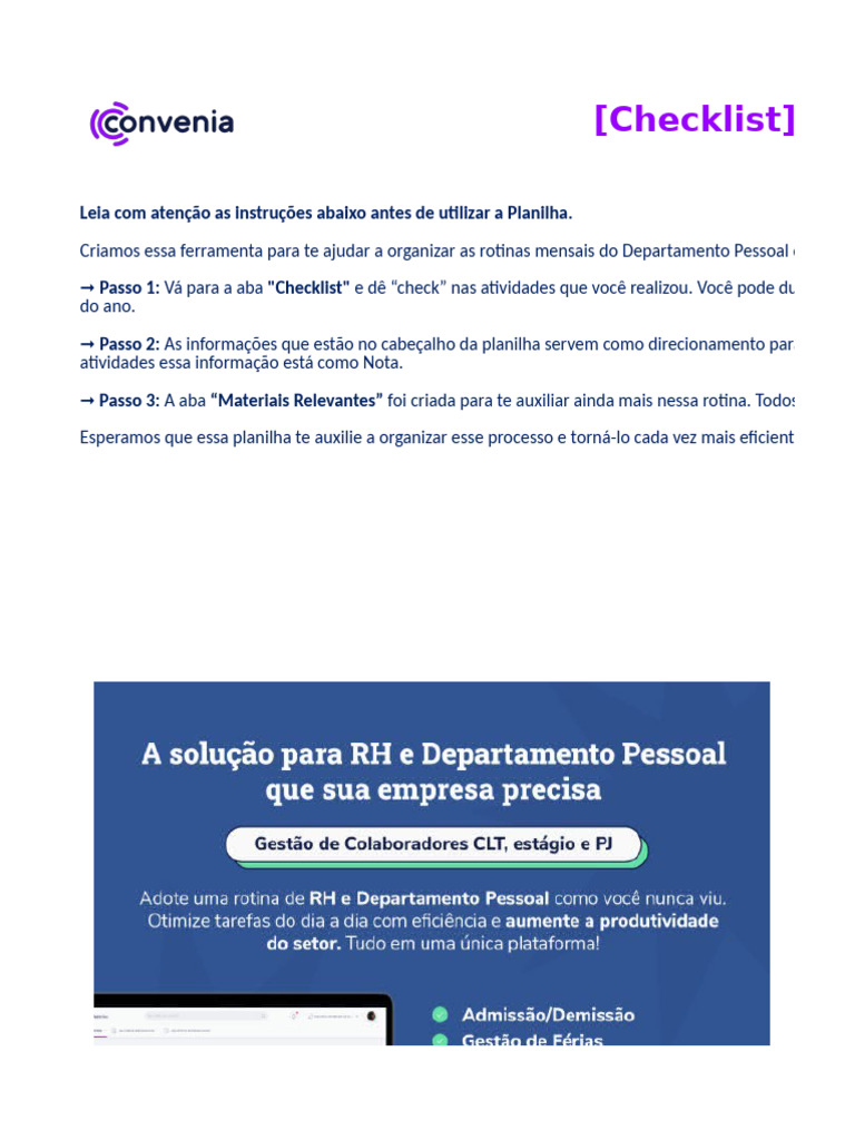 (Checklist Convenia) Atividades Mensais Do Departamento Pessoal | PDF