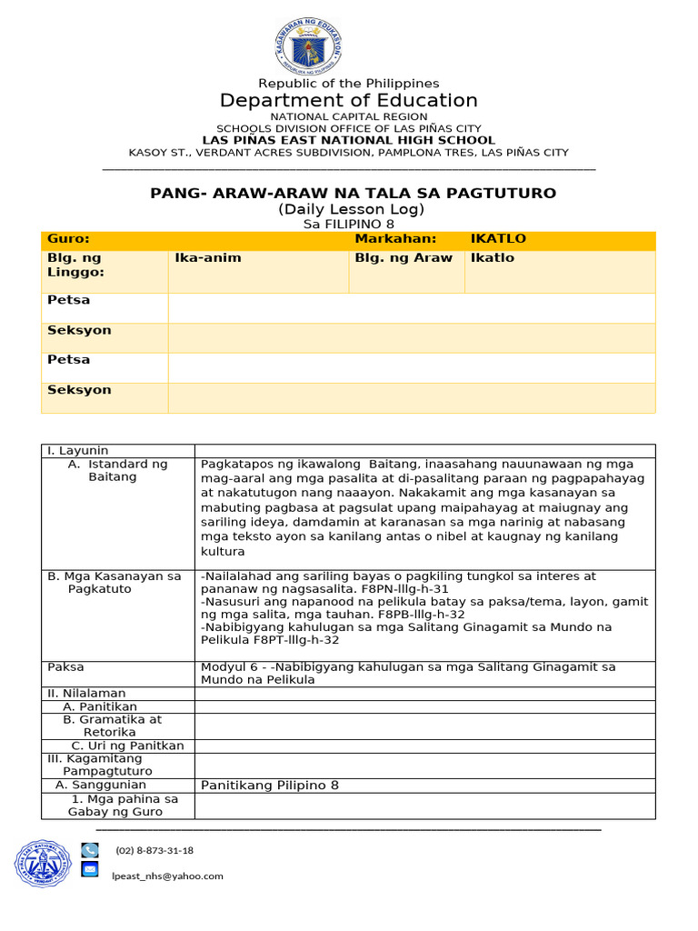 Filipino 8 Daily Lesson Log | PDF | Philippines | Career & Growth