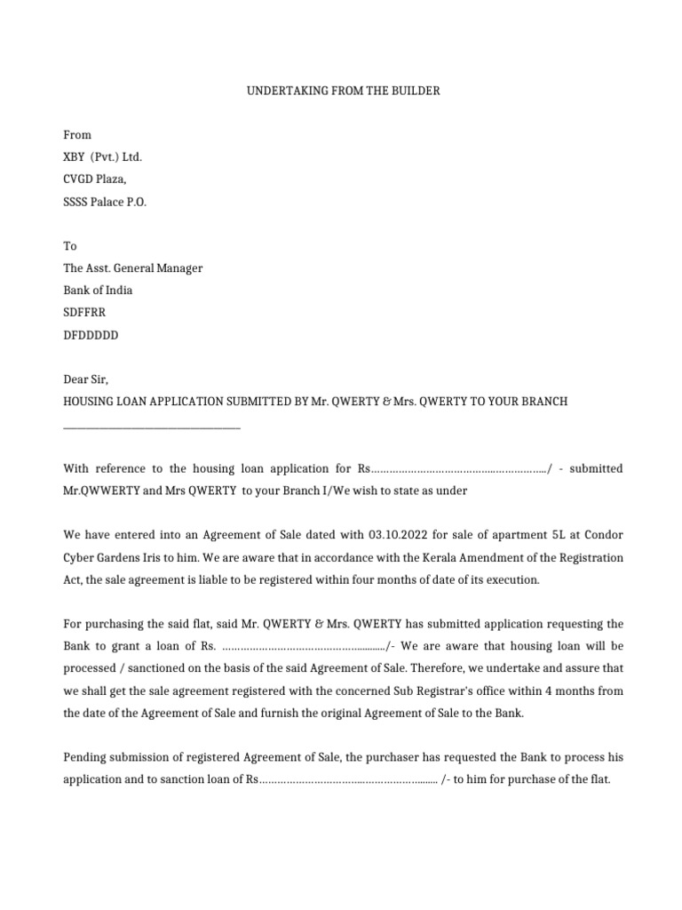Undertaking Letter - BUILDER | PDF | Interest | Business Law