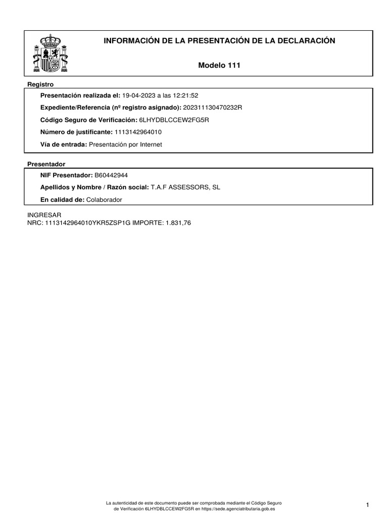 Información de La Presentación de La Declaración Modelo 111: Ingresar NRC ...