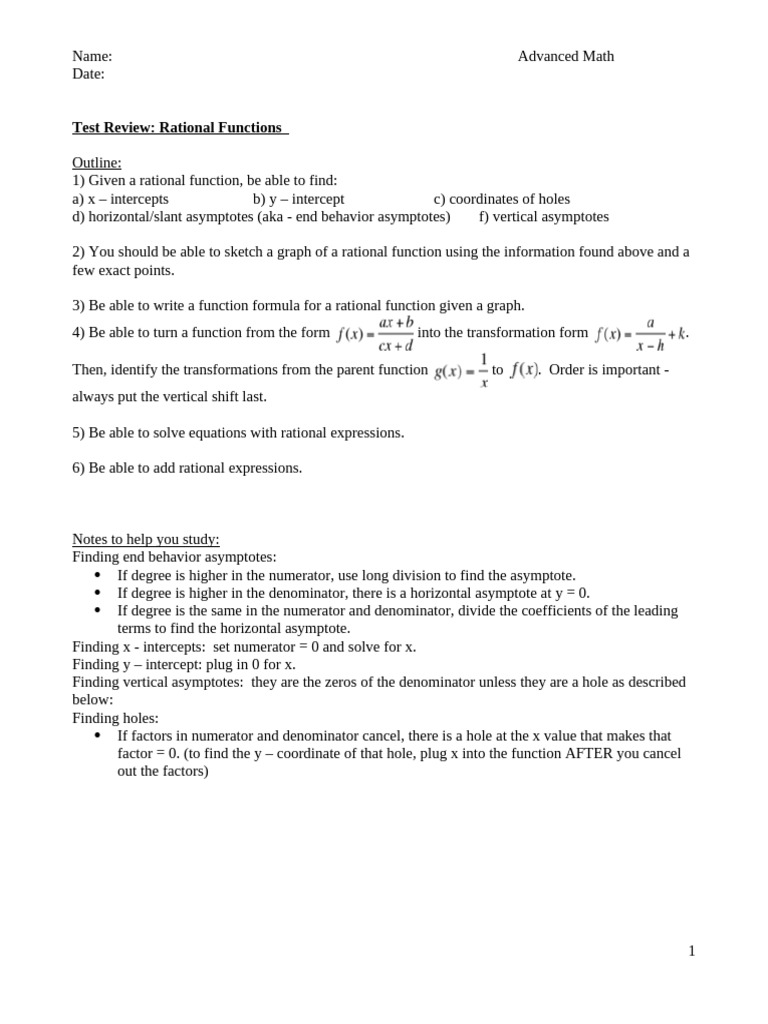 Review Rational Functions | PDF