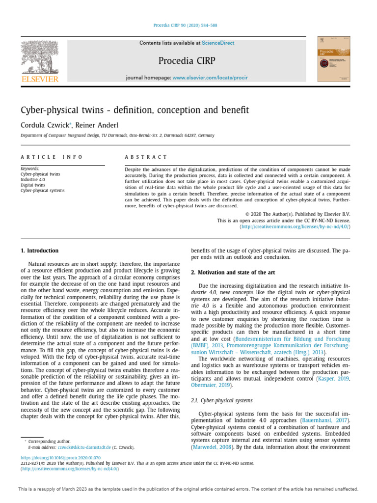 Cyber-Physical Twins - Definition, Conception and Benefit | PDF