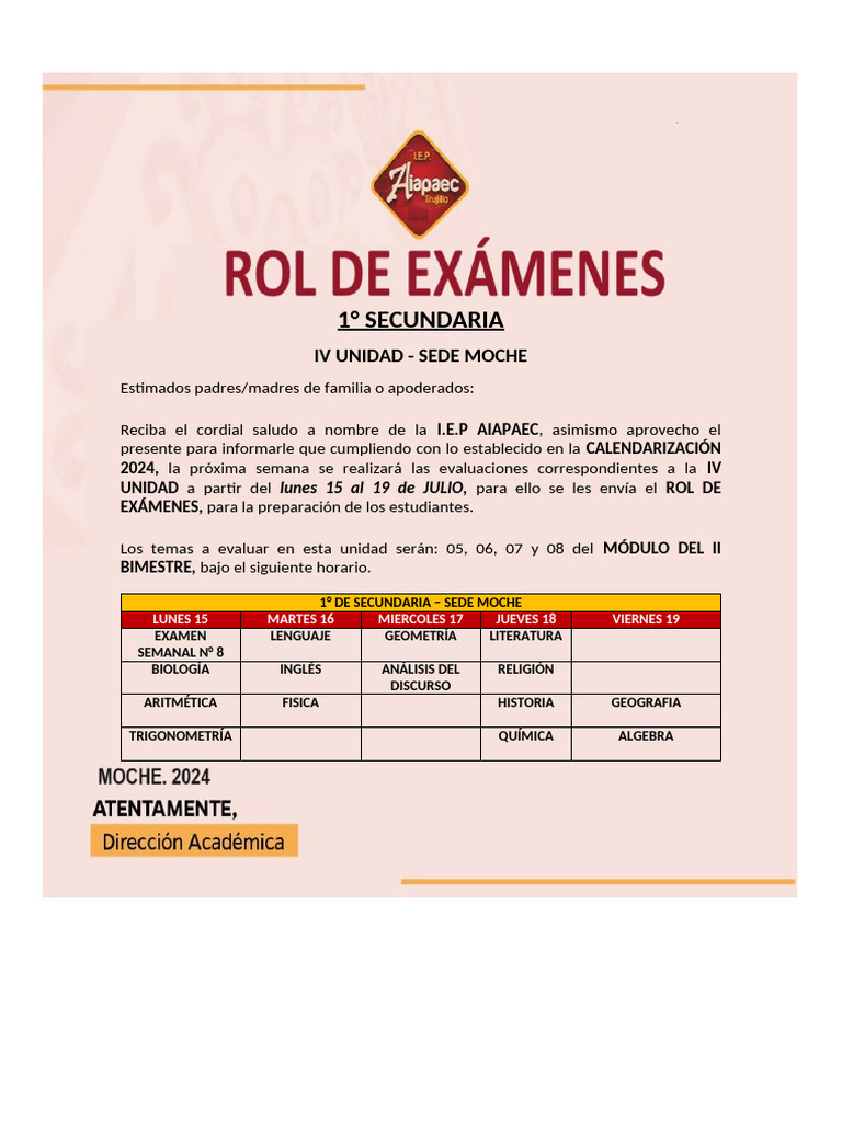 Rol de Exámenes | PDF