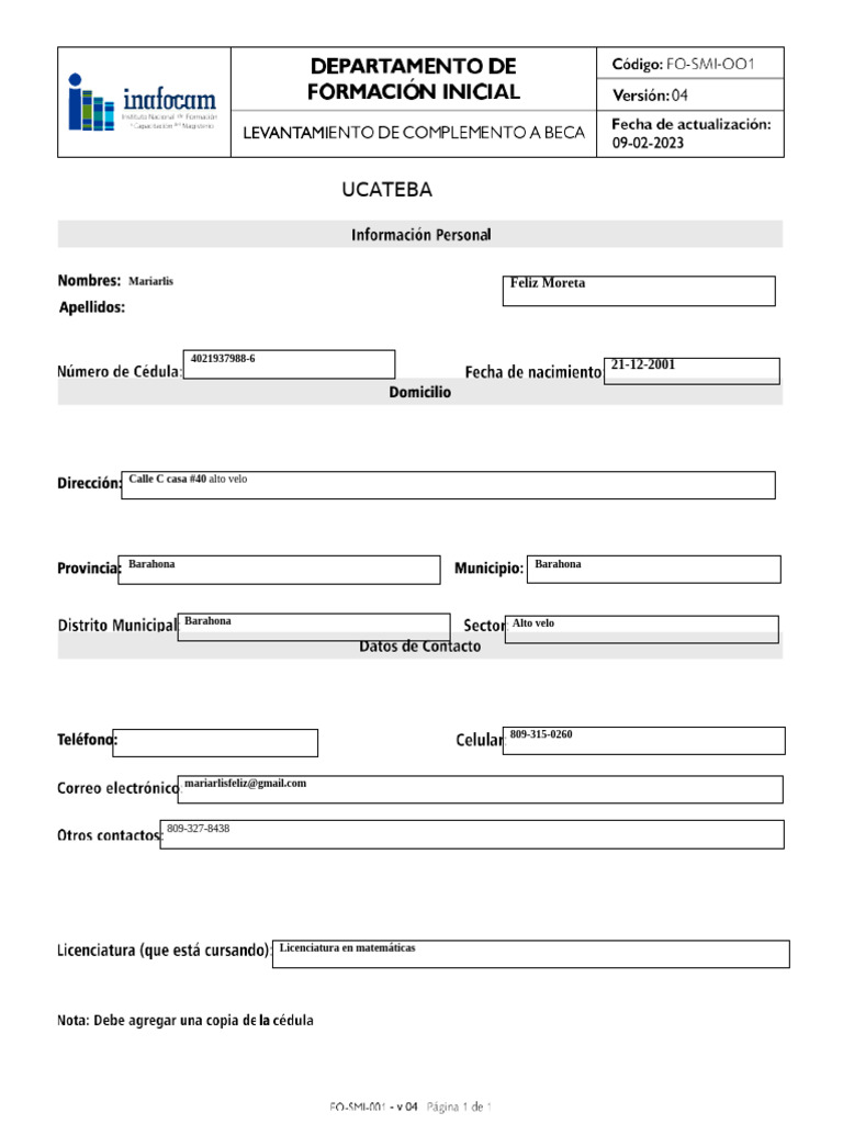 FO-SMI-001 Formulario Levantamiento Complemento A Beca UCATEBA 2 | PDF