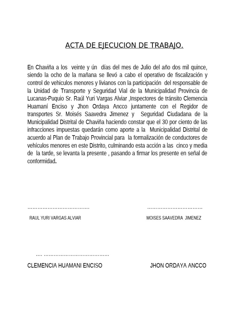 Acta de Ejecucion de Trabajo2 | PDF