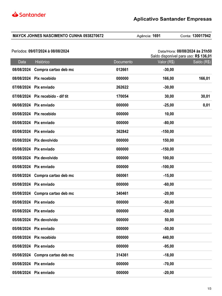 Extrato Bancário Santander | PDF | Finanças pessoais | Serviços financeiros