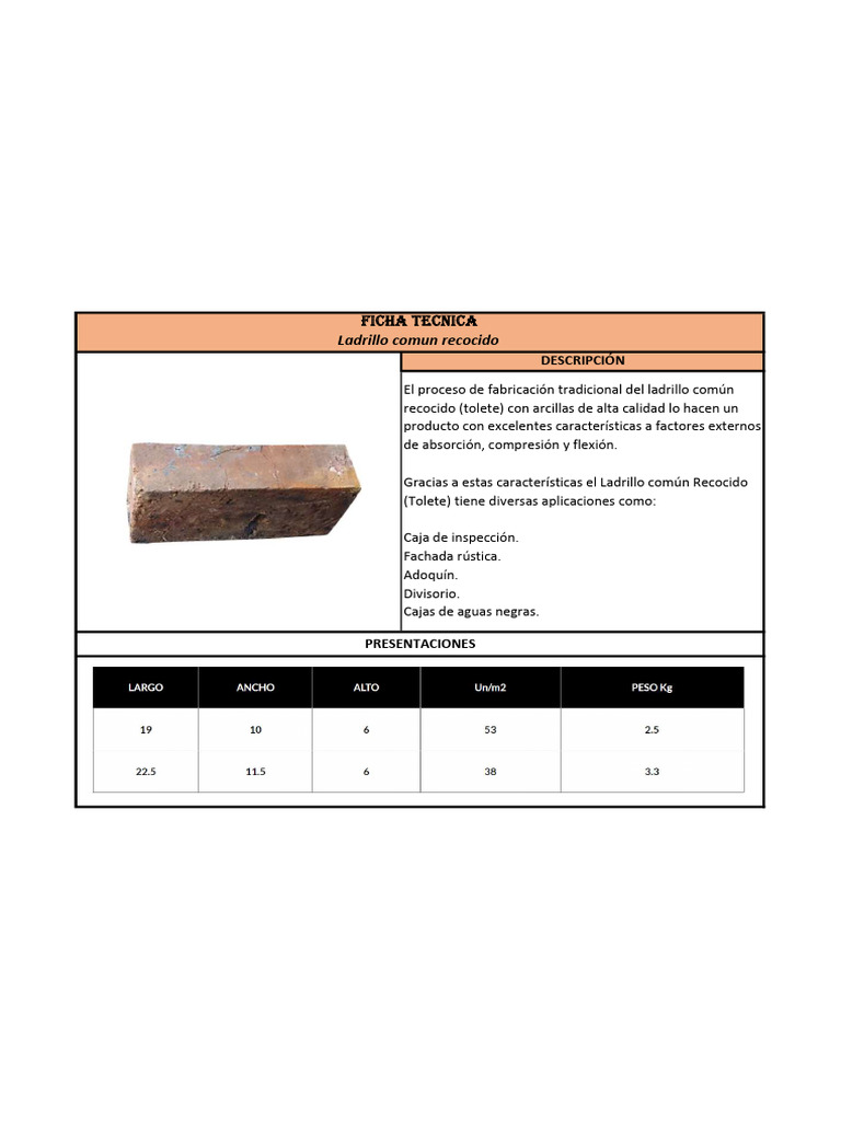 FICHA TECNICA_LADRILLO_COMUN_RECOCIDO | PDF
