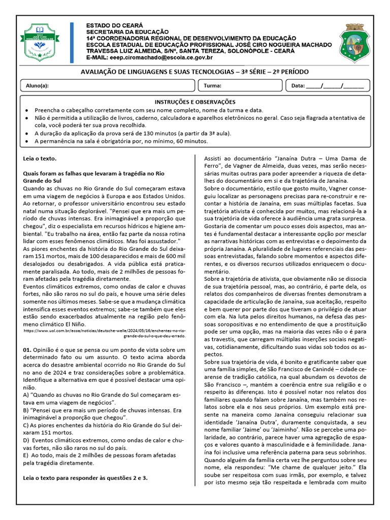 LINGUAGENS 3a Série 2o Periodo 2024 | PDF