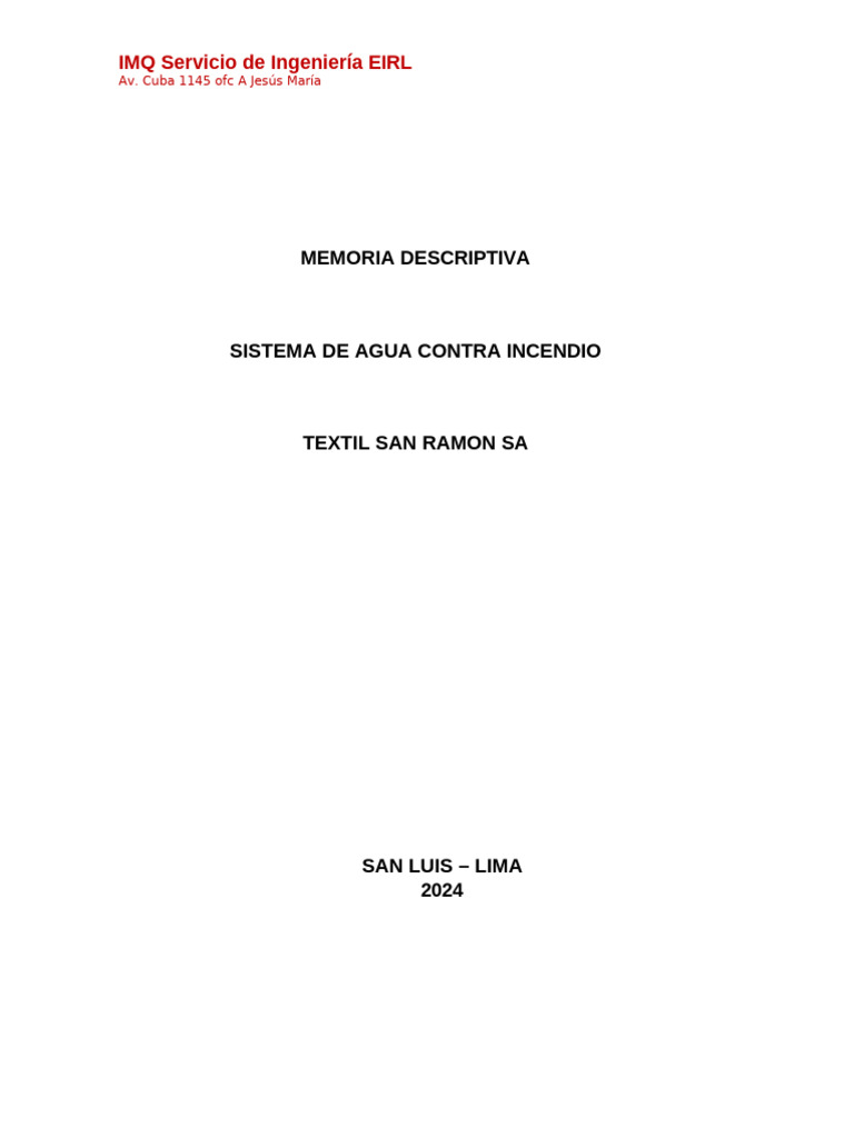 Memoria Descriptiva Sistema de Agua Contra Incendio Textil San Ramon | PDF