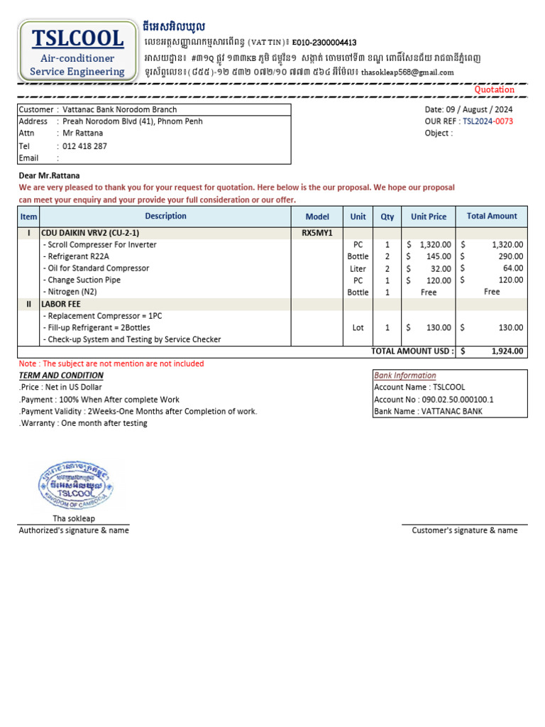 Quotation VB CM2024 0073 | PDF
