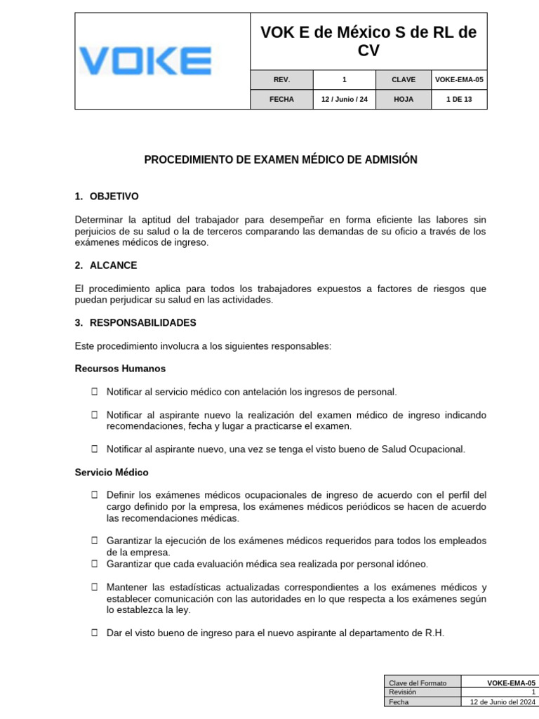VOKE-EMA-05 Procedimiento de Examen Medico de Admision | PDF | Evaluación | Business