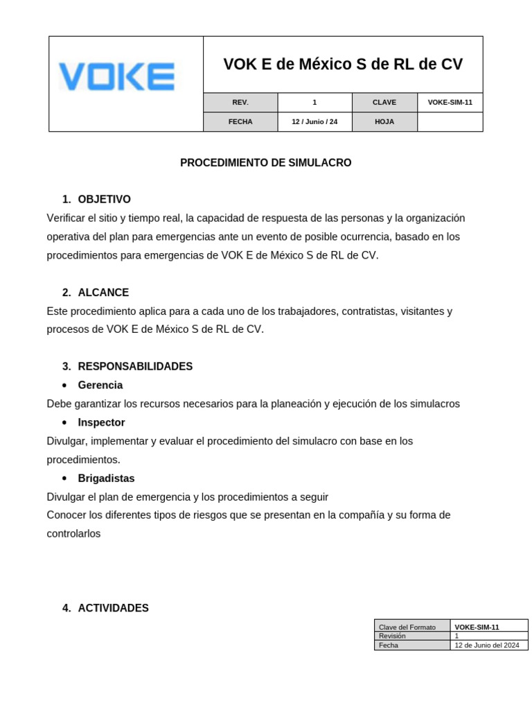 VOKE-SIM-11 Procedimiento de Simulacro | PDF | Simulación | Planificación