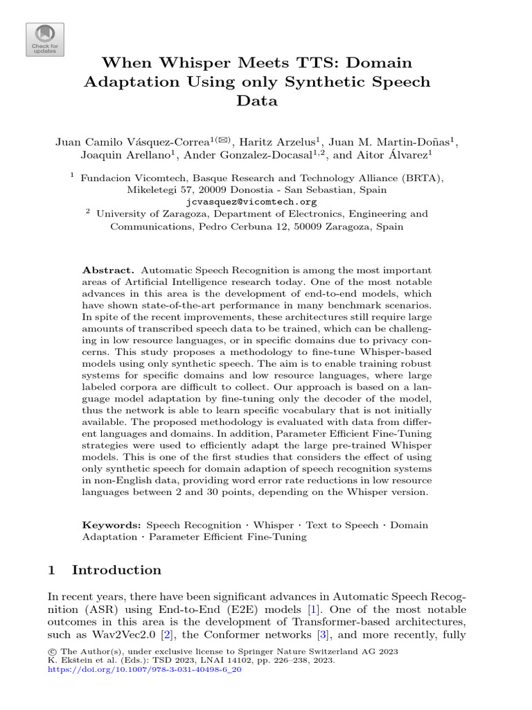 When Whisper Meets TTS Domain Adaptation Using Only Synthetic Speech Data | PDF | Speech ...