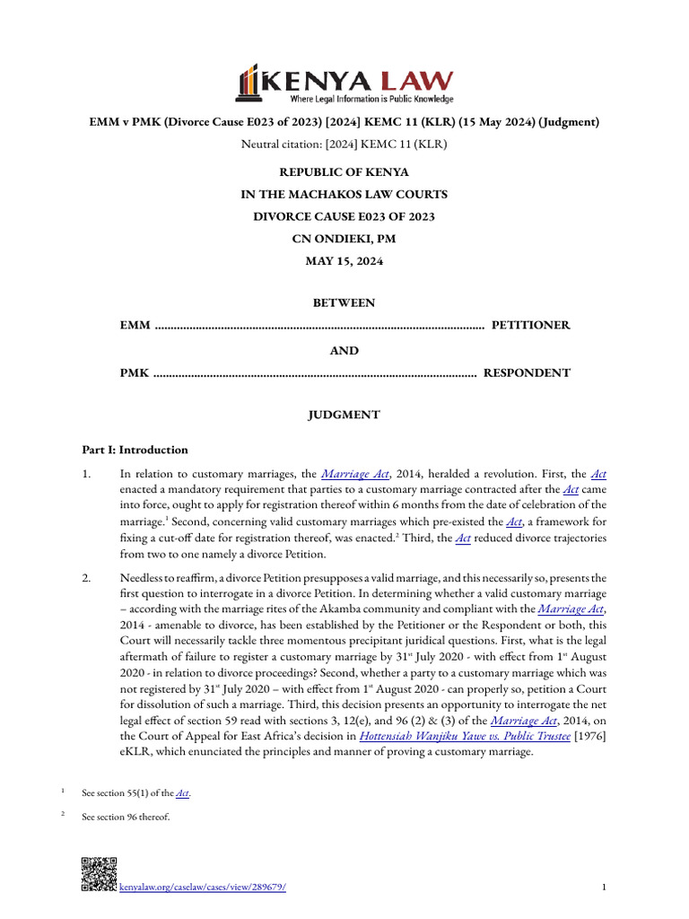 EMM V PMK (Divorce Cause E023 of 2023) (2024) KEMC 11 (KLR) (15 May 2024) (Judgment) | PDF