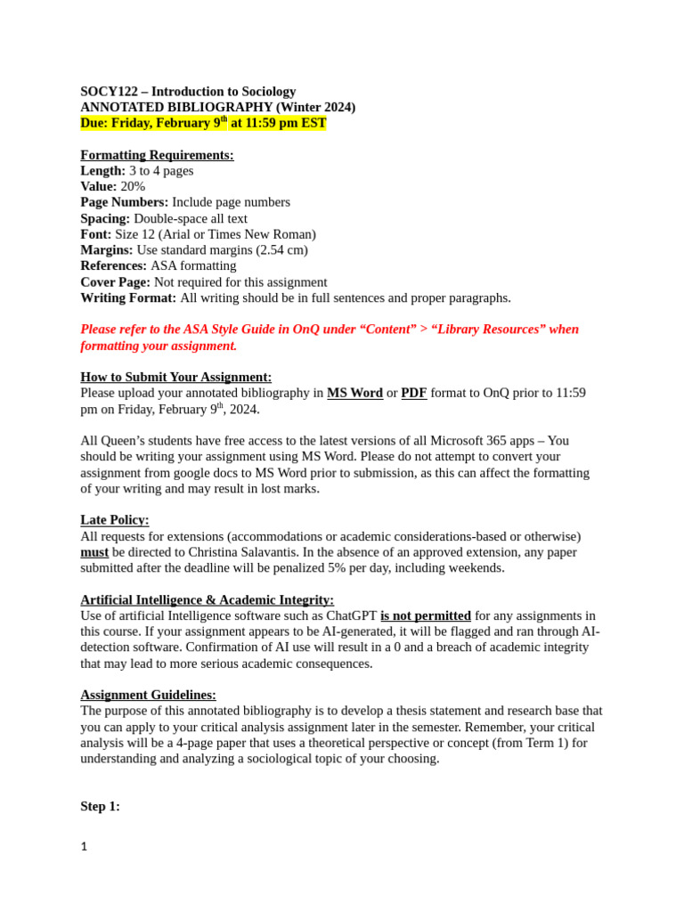 SOCY122 Annotated Bibliography Assignment Guidelines (Winter 2024) | PDF